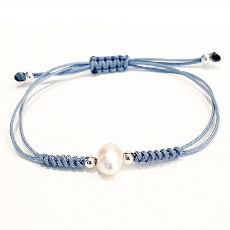 PULSERA MACRAME AZUL DE PLATA CON PERLA